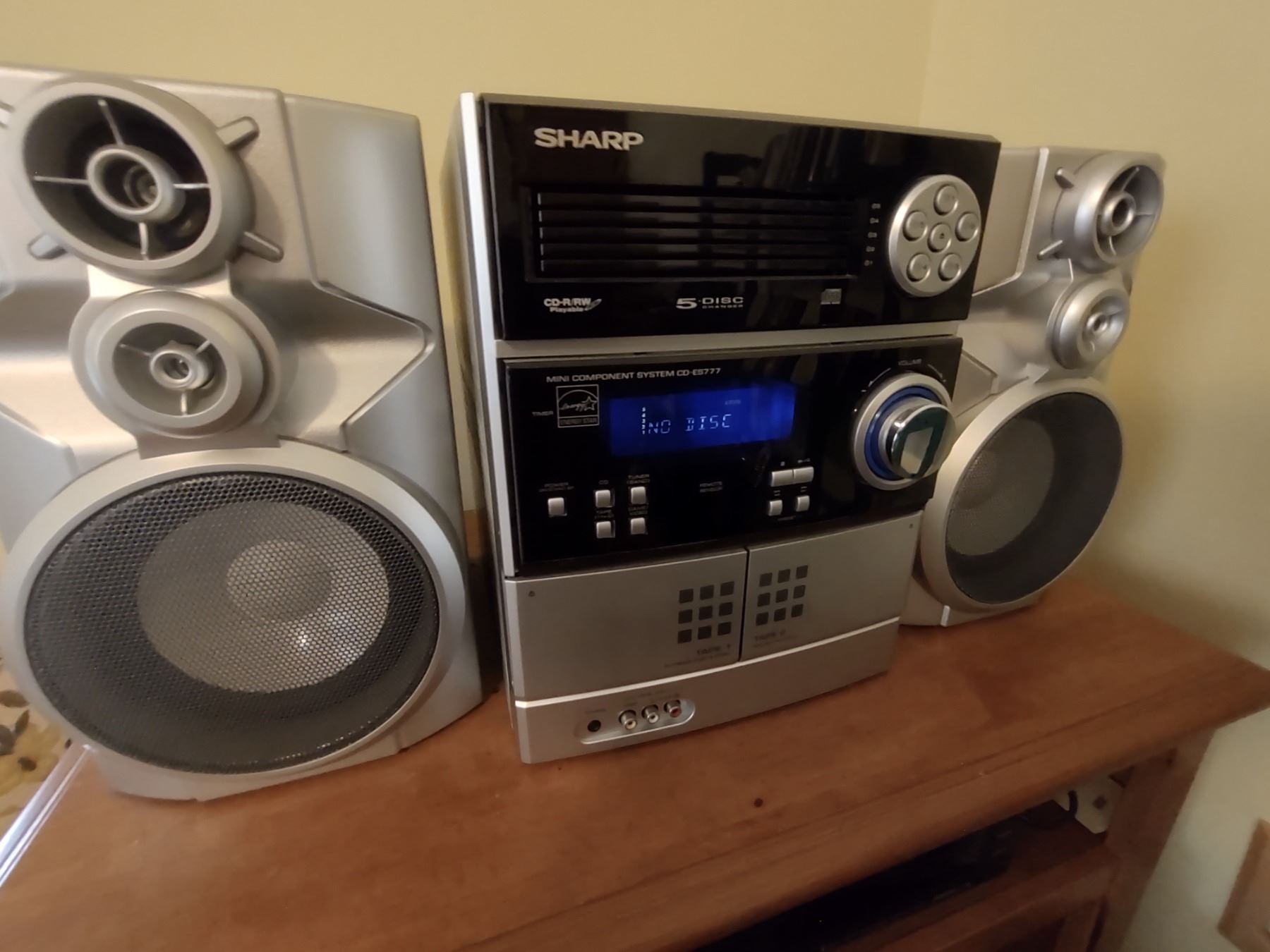 SHARP STEREO "BOOM BOX", WORKS, OAK MEDIA STAND, DVD & VHS PLAYERS INCLUDED