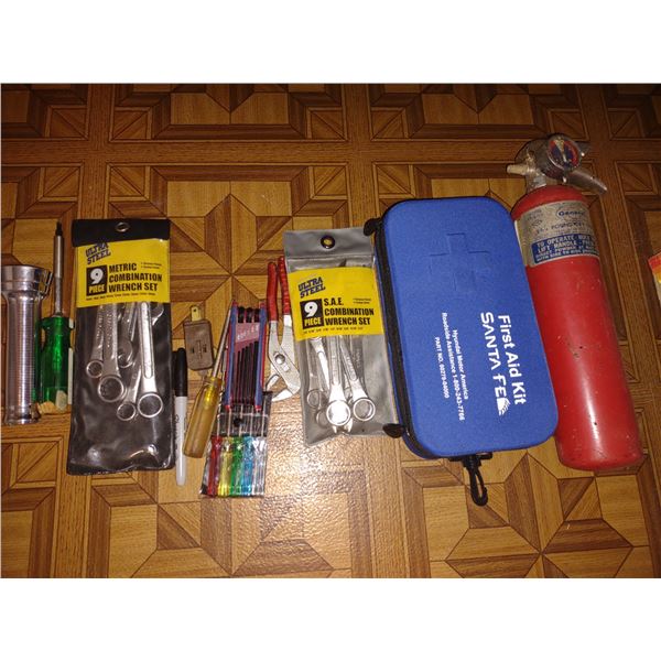 LOT OF TOOLS, FIRE EXTINGUISER, FIRST AID KIT, FLASHLIGHT