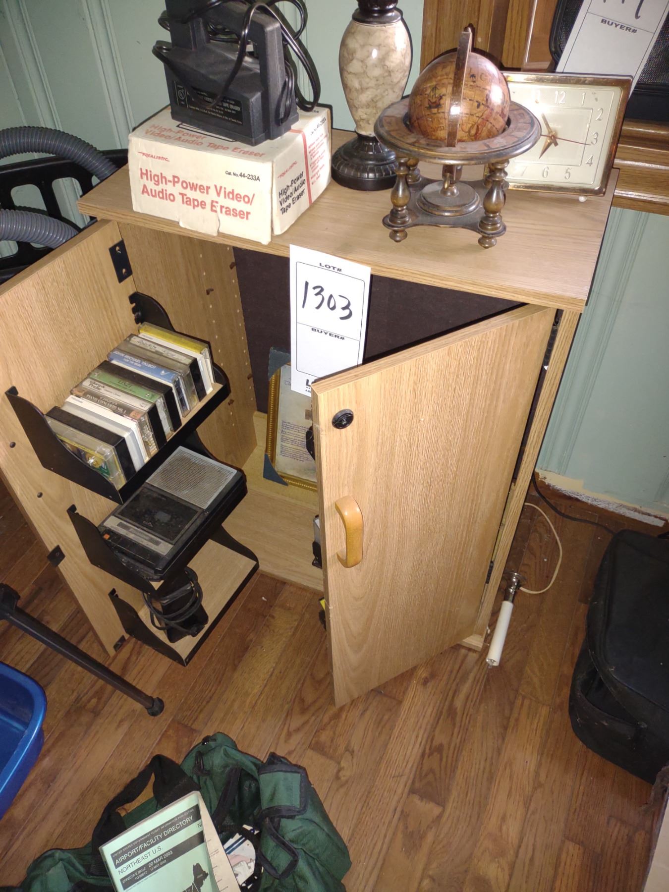 STORAGE CABINET, LAMP, GLOBE, VIDEO/AUDIO TAPE ERASER, CASSETTES