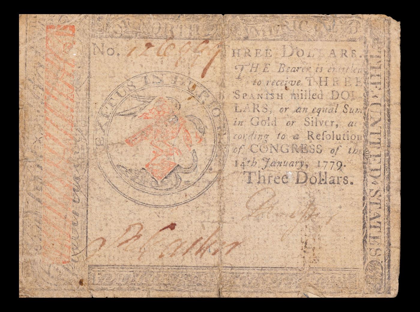 Continental Currency January 14, 1779 $3 CC-89 Printed BY Hall ...
