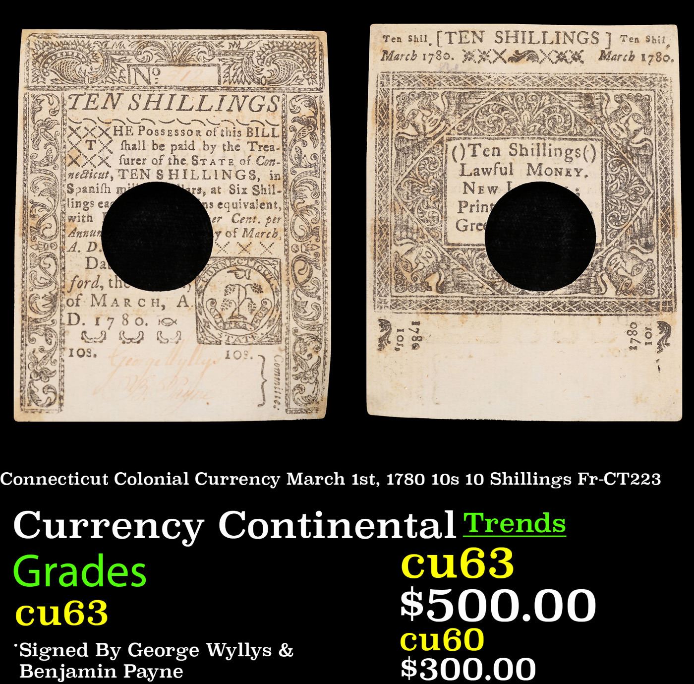 Connecticut Colonial Currency March 1st, 1780 10s 10 Shillings Fr-CT223 ...