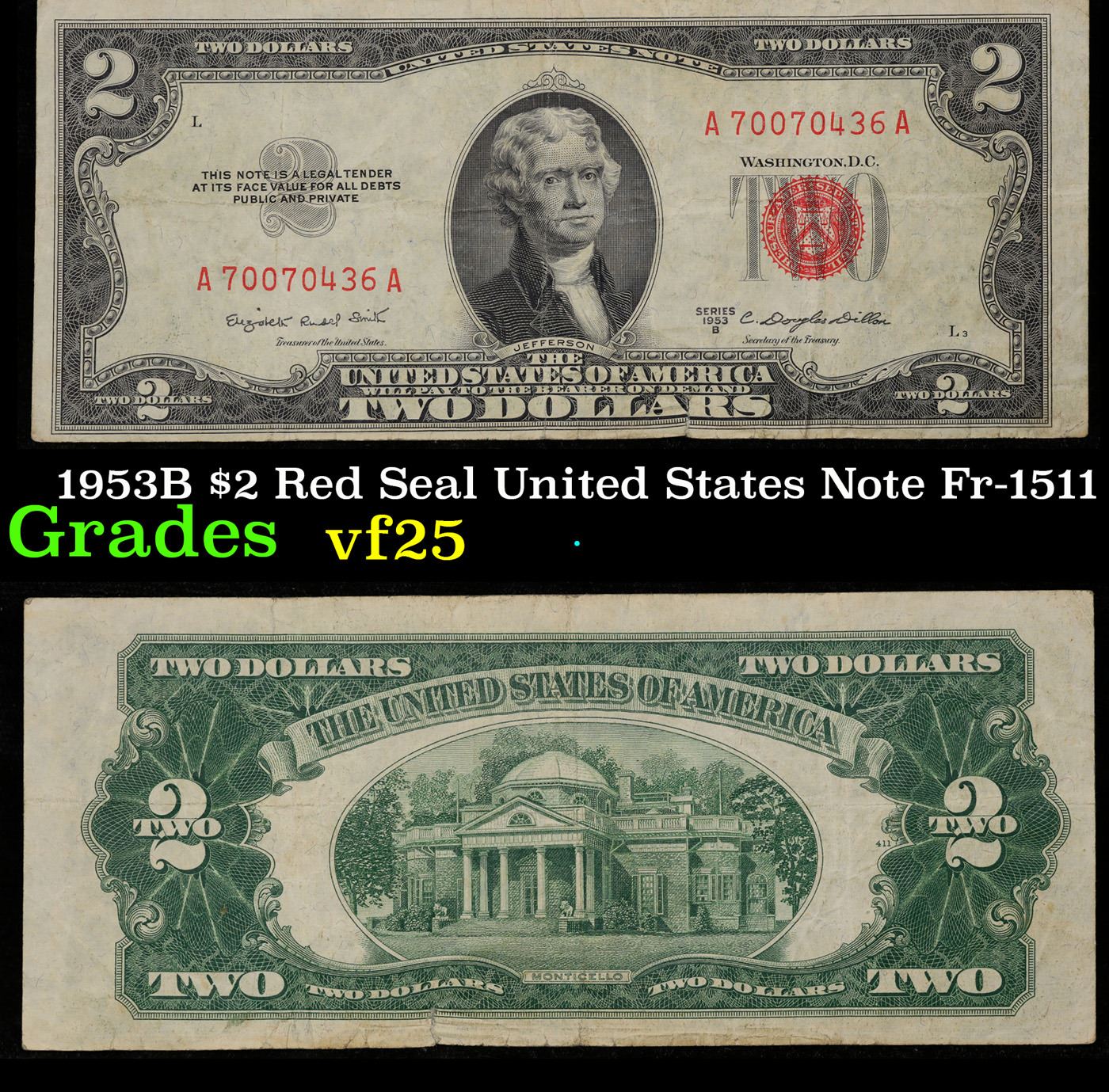 1953B $2 Red Seal United States Note Fr-1511 Grades vf+