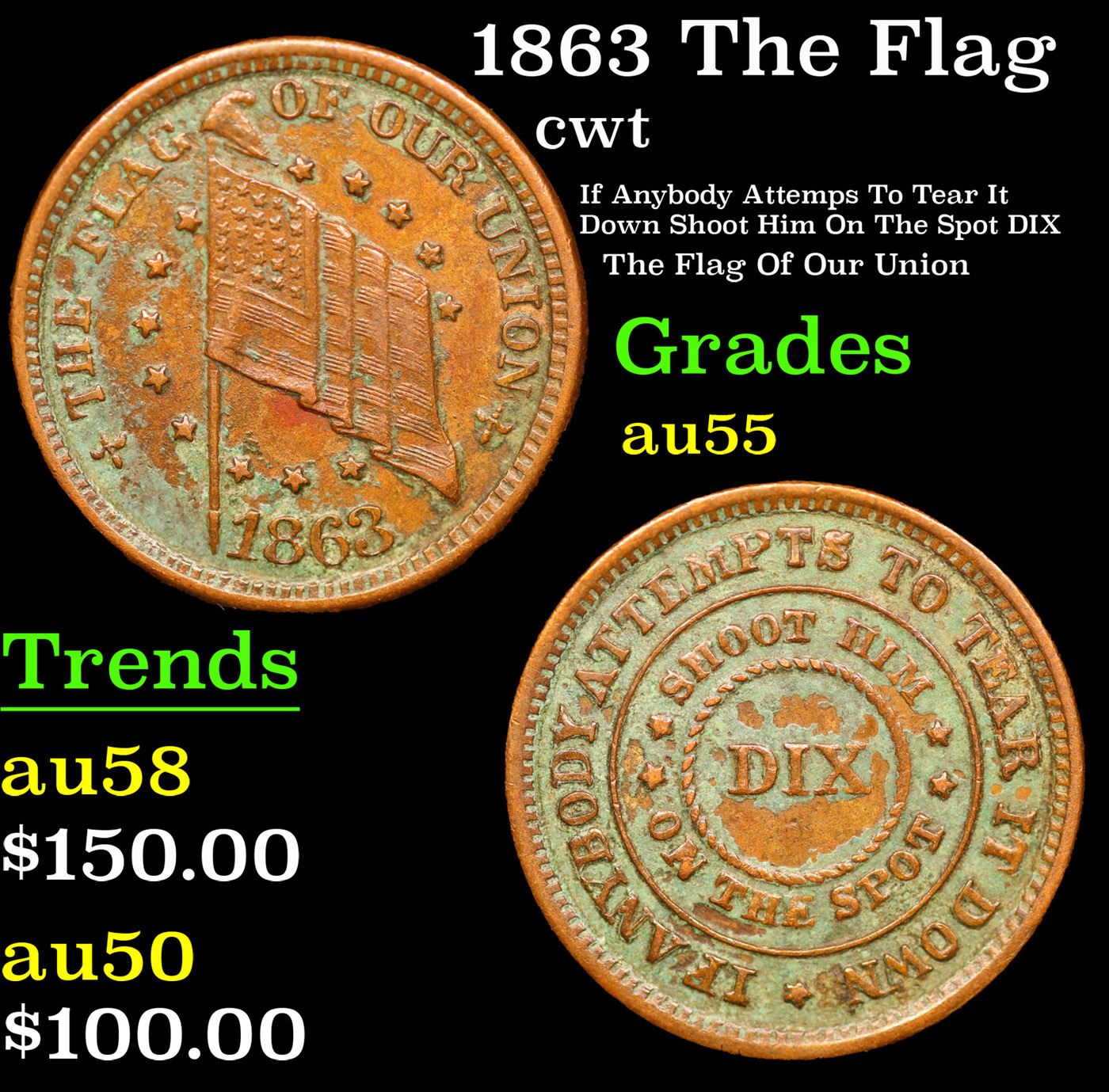 1863 The Flag Civil War Token 1c Grades Choice AU
