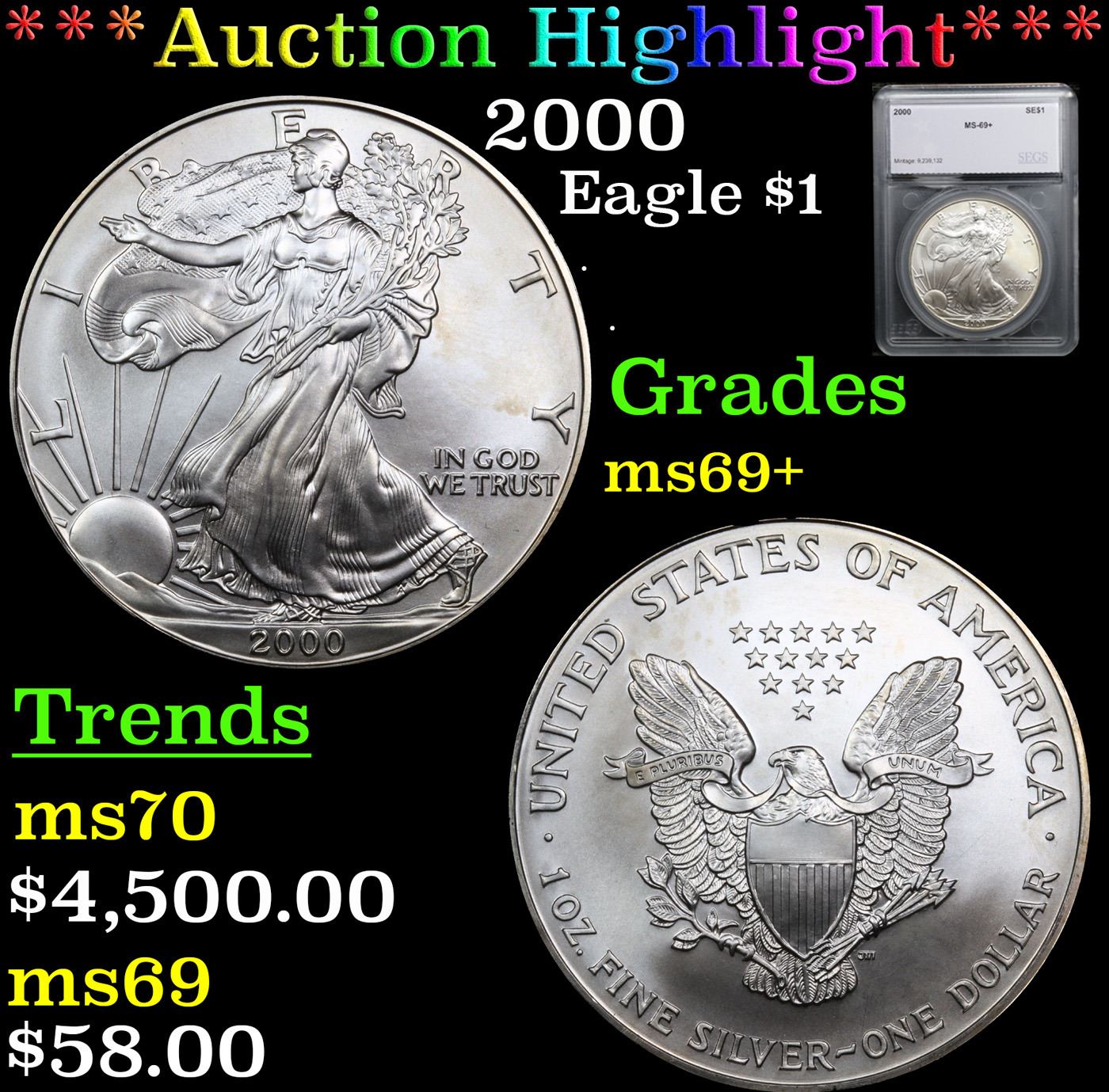 ***Auction Highlight*** 2000 Silver Eagle Dollar $1 Graded ms69+ By ...