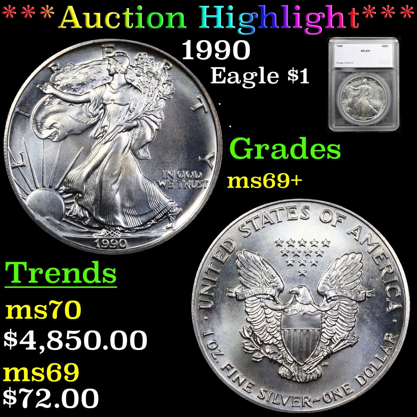 ***Auction Highlight*** 1990 Silver Eagle Dollar $1 Graded ms69+ By ...