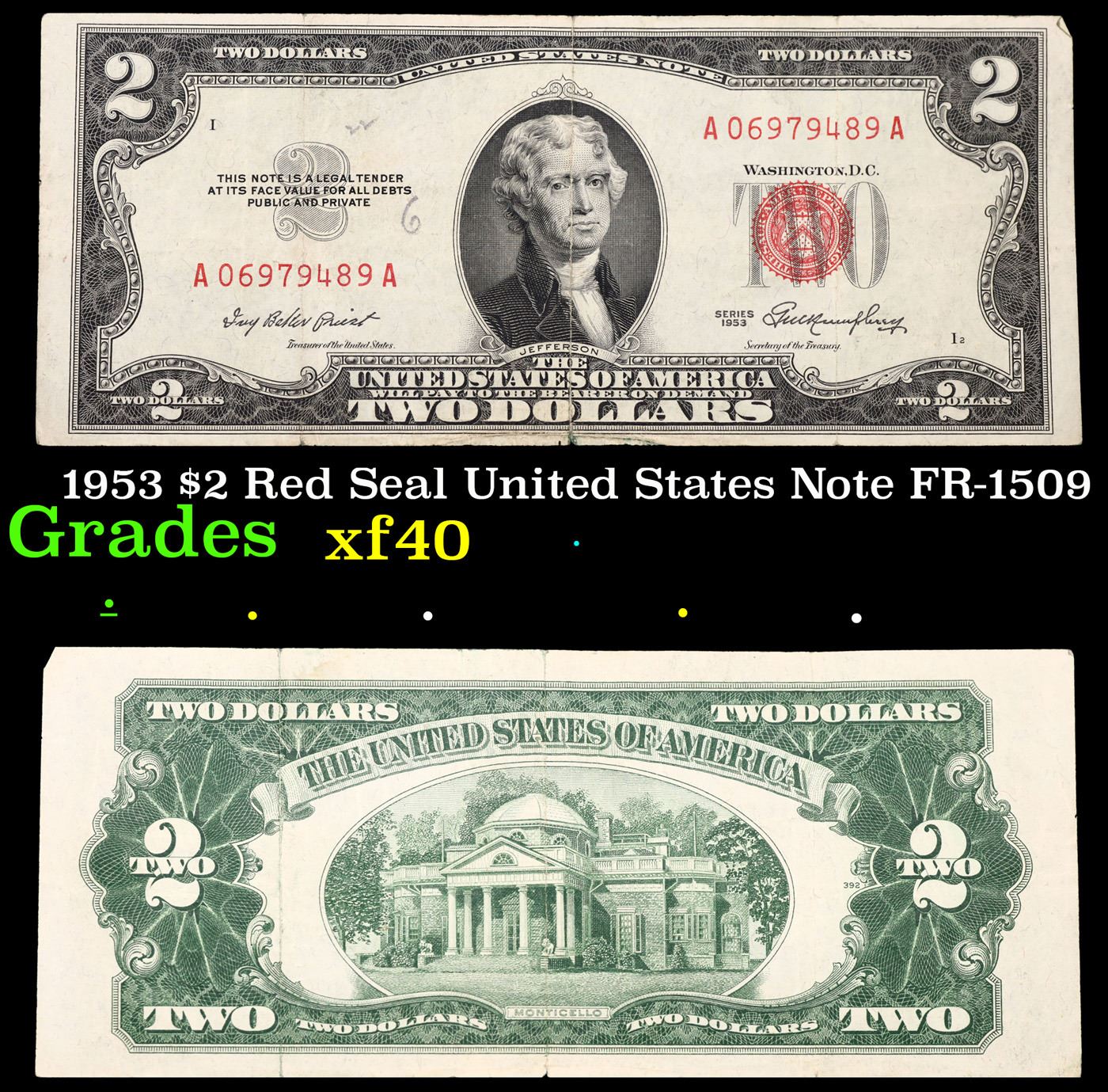 1953 $2 Red Seal United States Note FR-1509 Grades xf