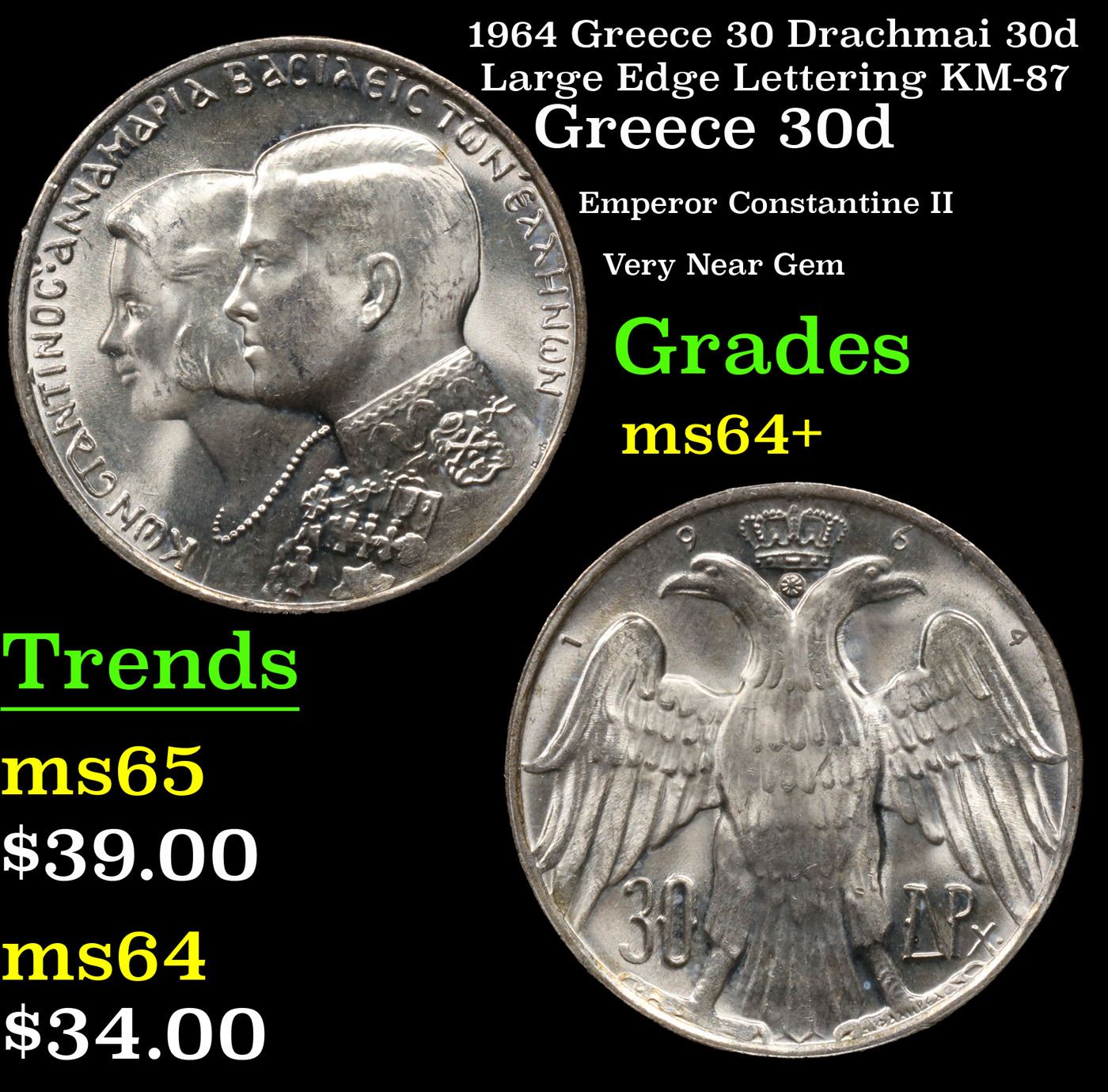 1964 Greece 30 Drachmai 30d Large Edge Lettering KM-87 Grades Choice+ Unc