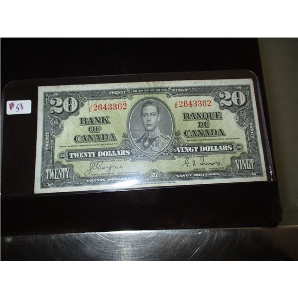1937 BANK OF CANADA LEGAL TENDER KING GEORGE $20 BILL