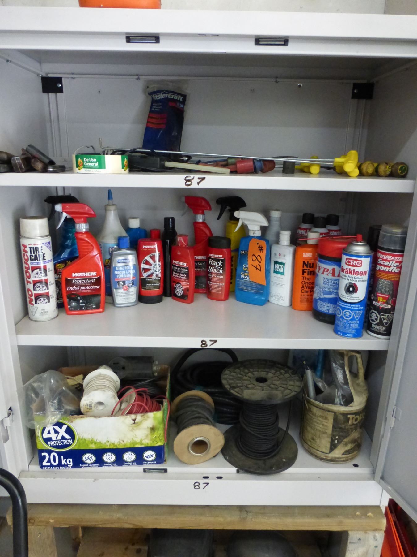 Contents of Cabinet incul. Auto Wire, Polishes, Sprayer, Glue Guns ...