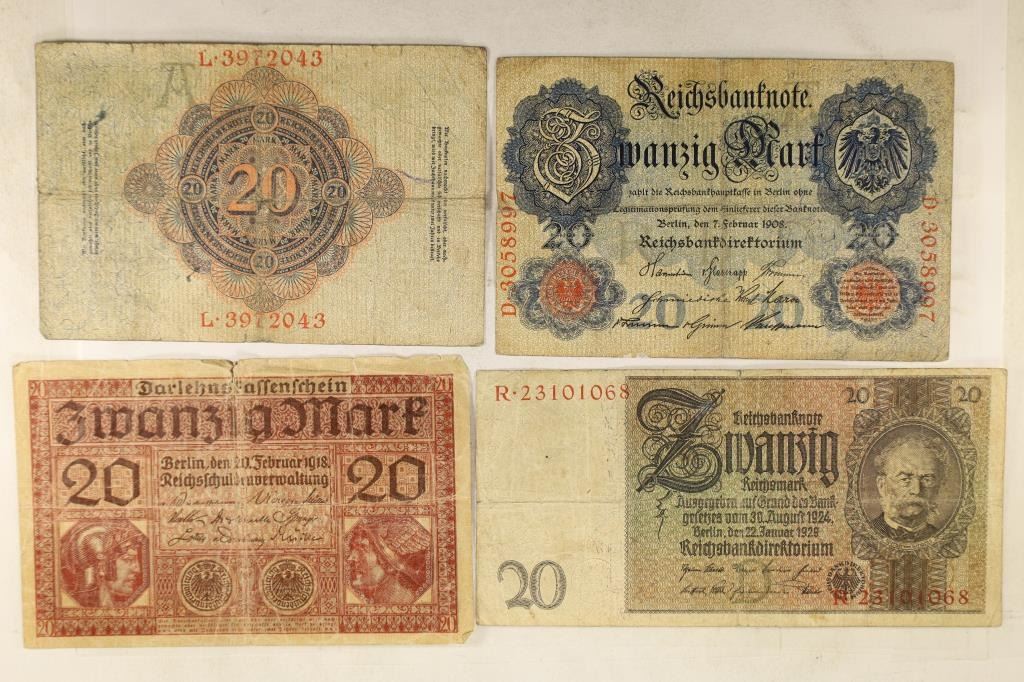 1908, 1914, 1918, 1929 GERMAN 20 MARK BILLS