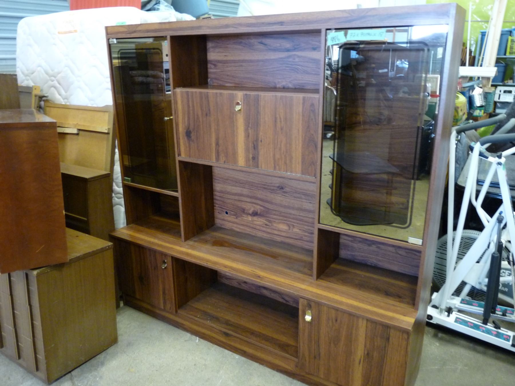 Large display unit with 2 glass doors and drop front door