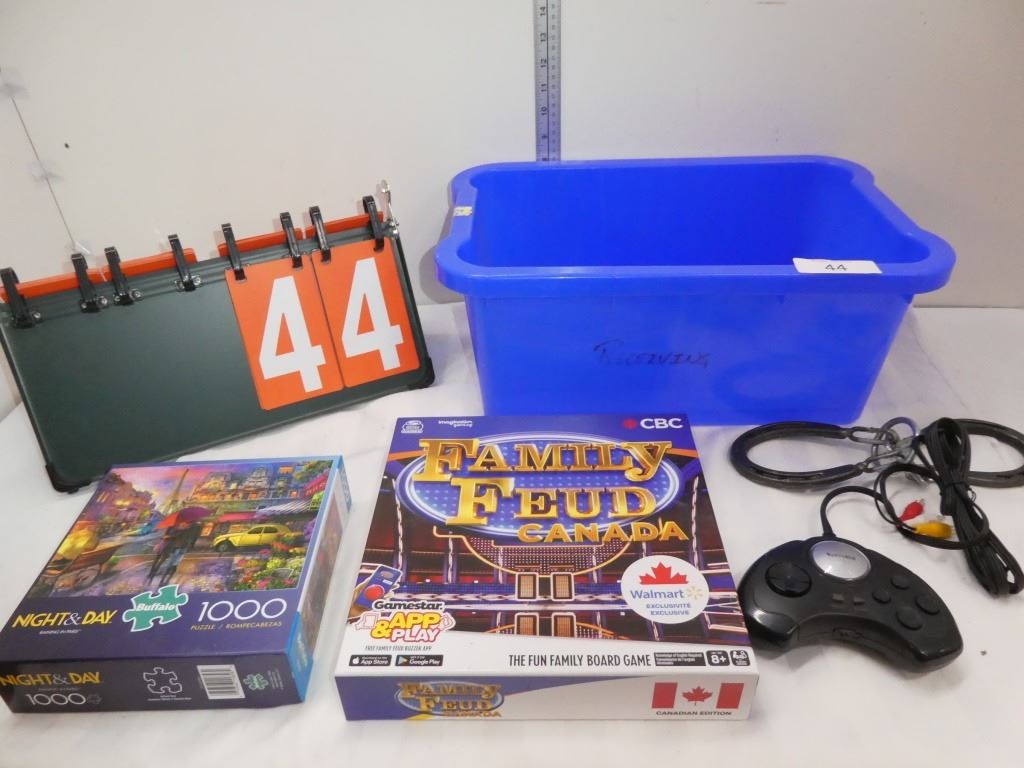 plastic bin, controller, game, puzzle
