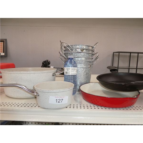 frying pans, cooking pots, galvanized buckets