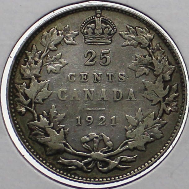 1921 CANADA SILVER 25 CENTS COIN