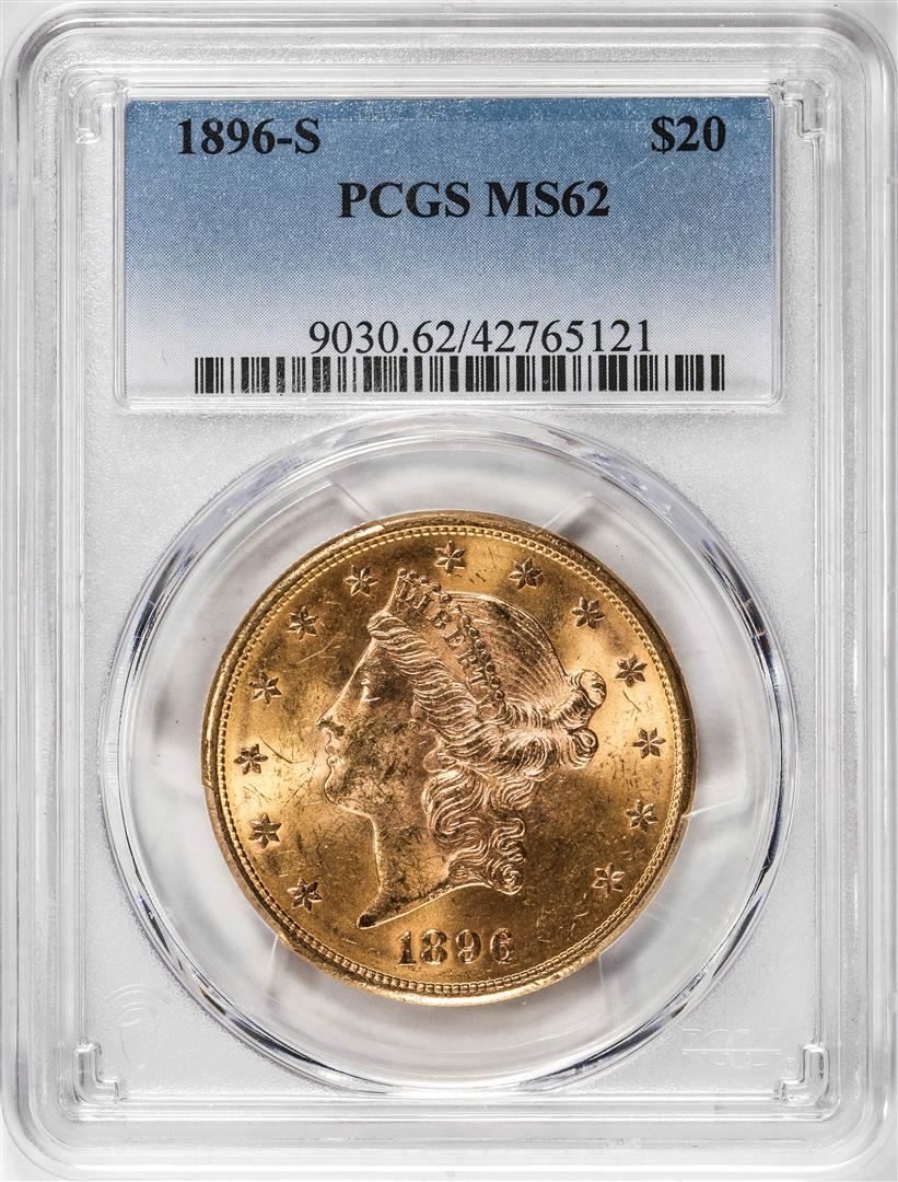 1896-S $20 Liberty Head Double Eagle Gold Coin PCGS MS62