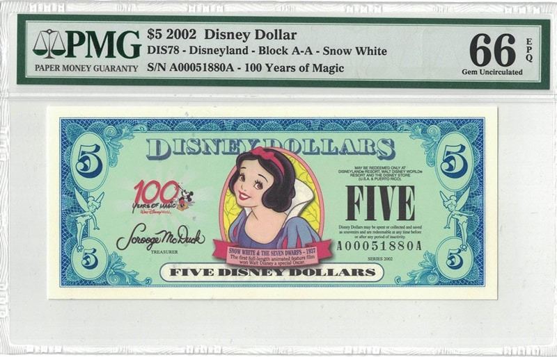 2002 $5 Snow White Disney Dollar PMG 66EPQ