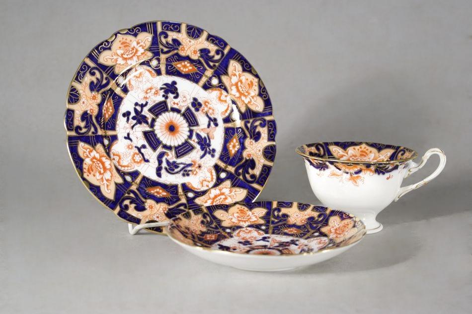 An English Imari Pattern Cup, Saucer and Plate, Foley China, England.