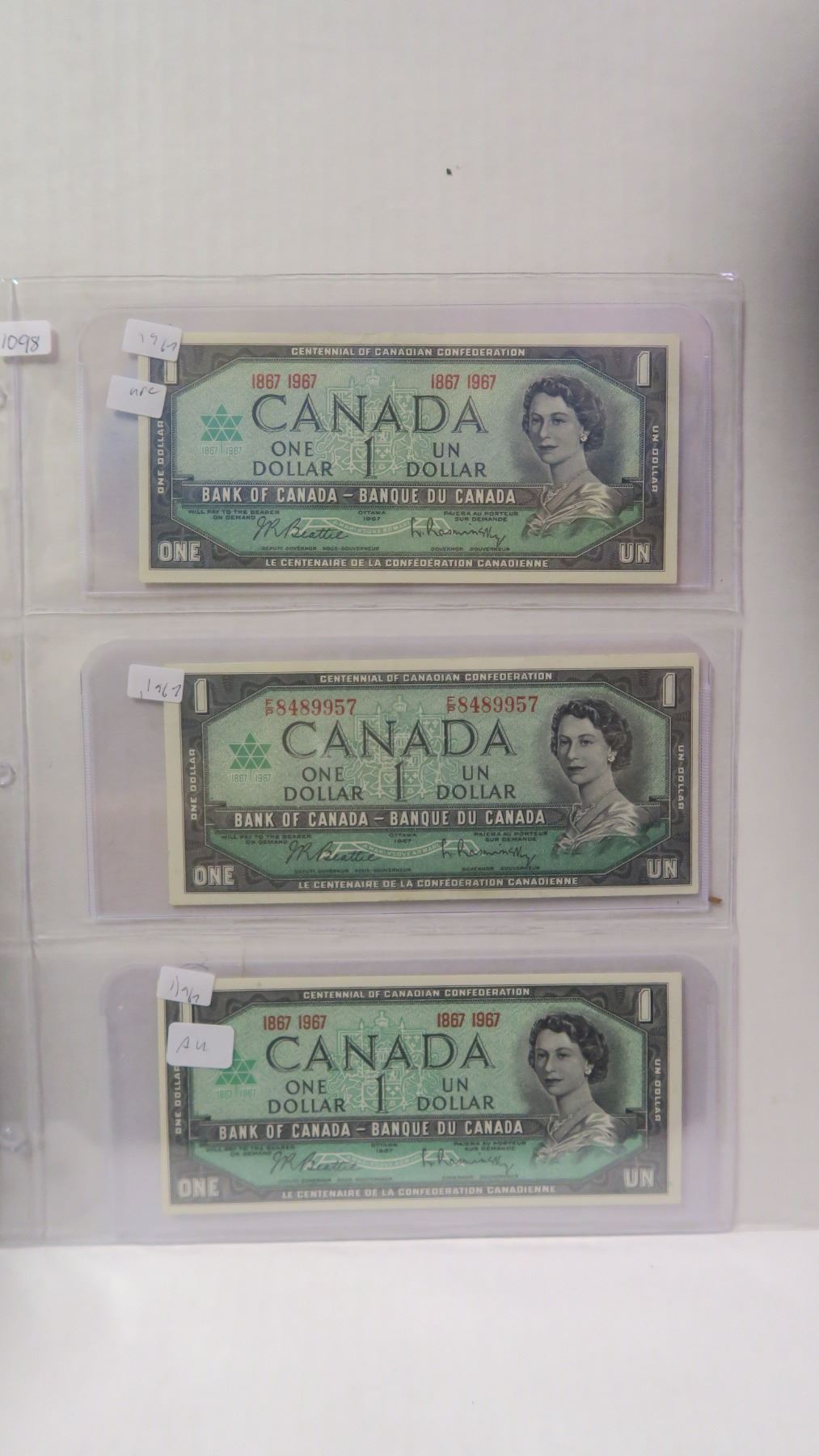 3 Canadian 1967 1 dollar bills
