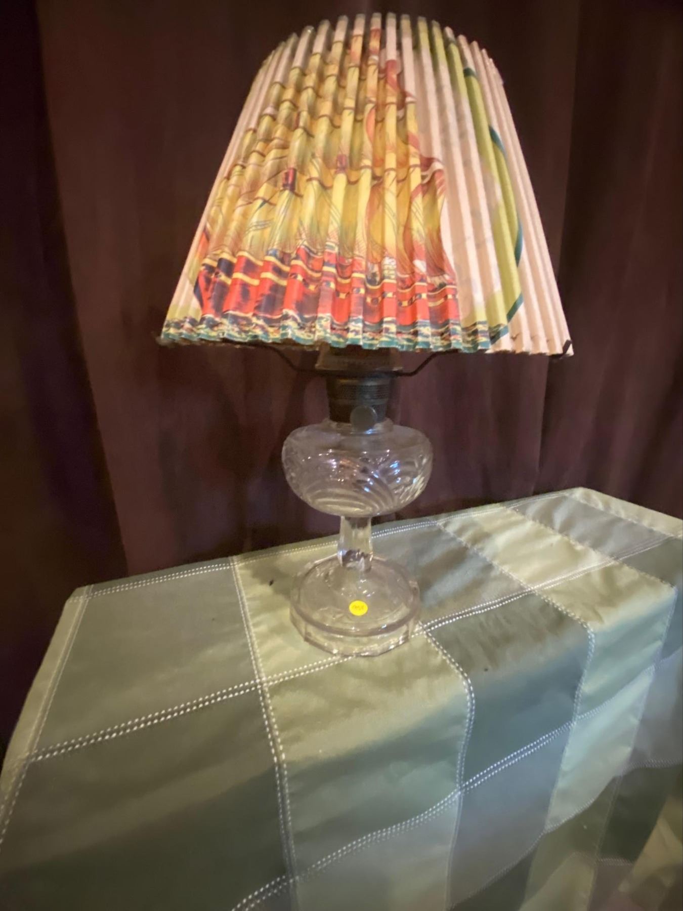 Vintage Aladdin, glass, oil lamp, with paper shade.