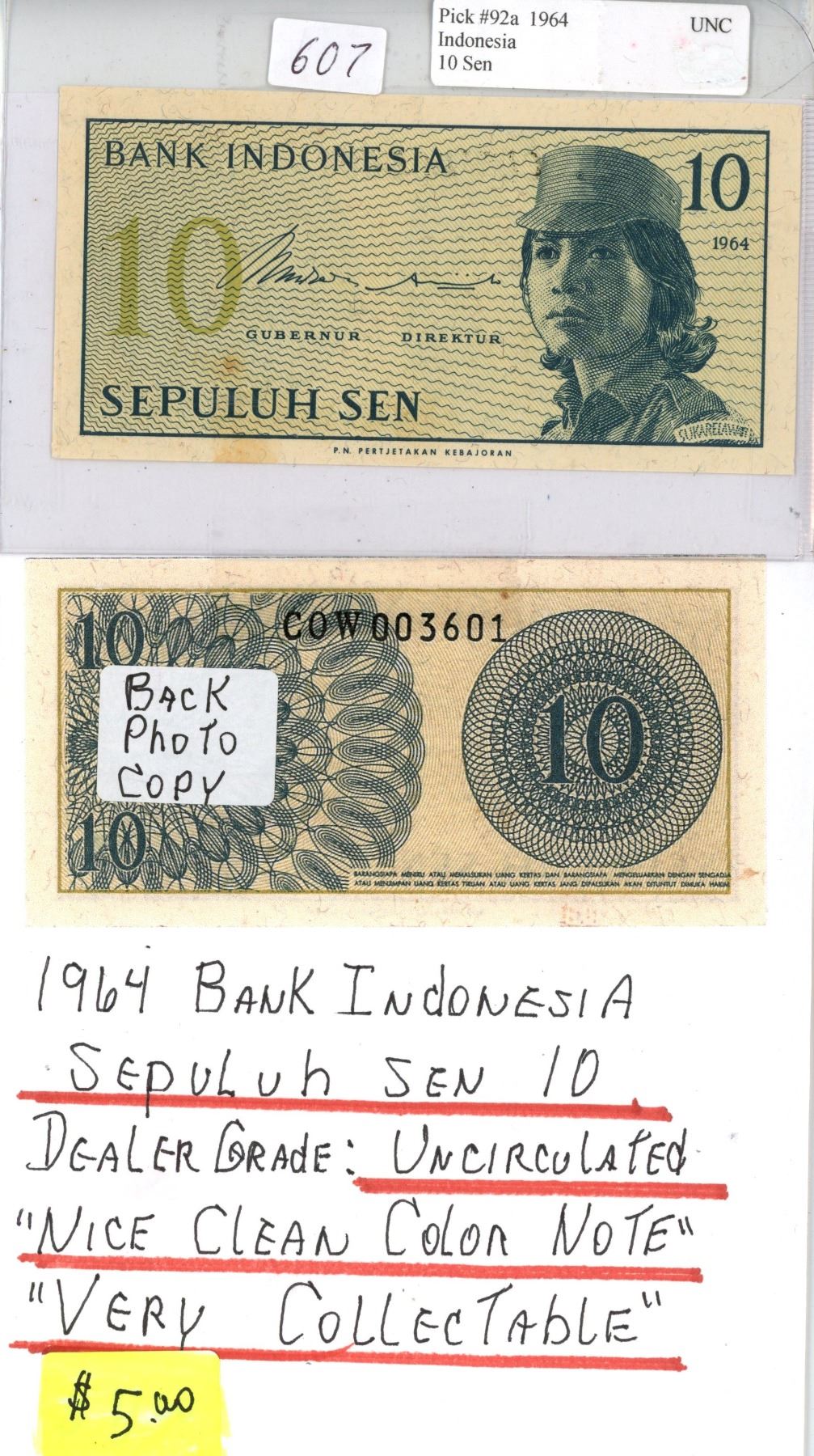 1964 Banknote Indonesia Sepuluh Sen 10 (Uncirculated) - Schmalz Auctions