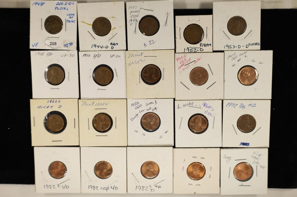 ERRORS: 20 ASSORTED 1941-2005 LINCOLN CENT ERRORS