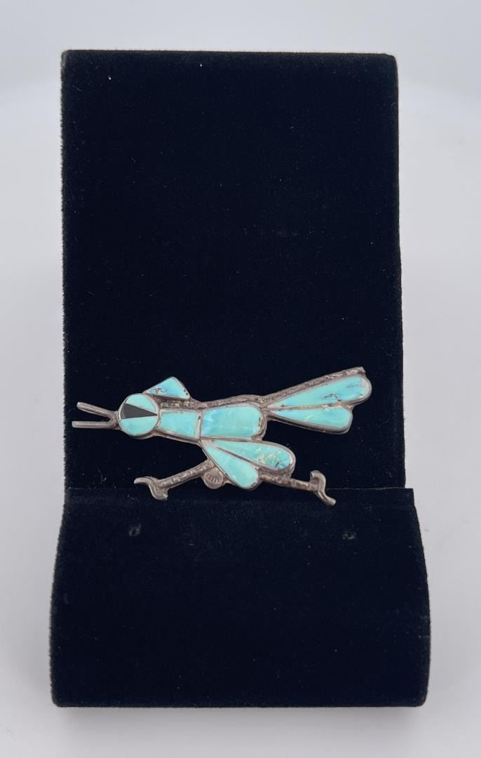 Zuni Sterling Turquoise Road Runner Brooch