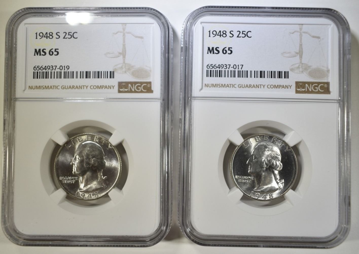 (2) 1948 S WASHINGTON QUARTERS NGC MS 65