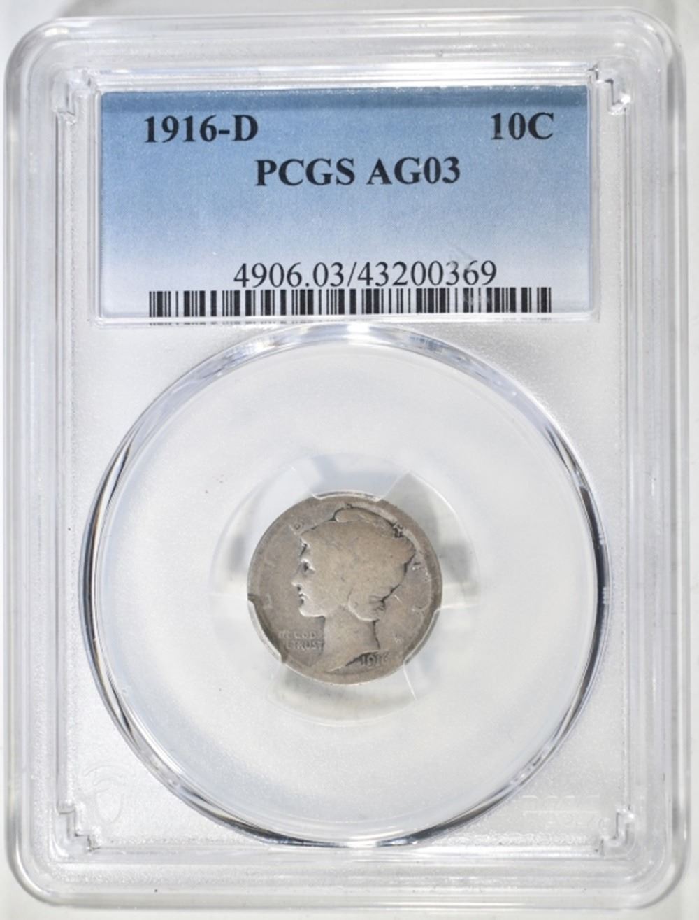 1916-D MERCURY DIME, PCGS AG03
