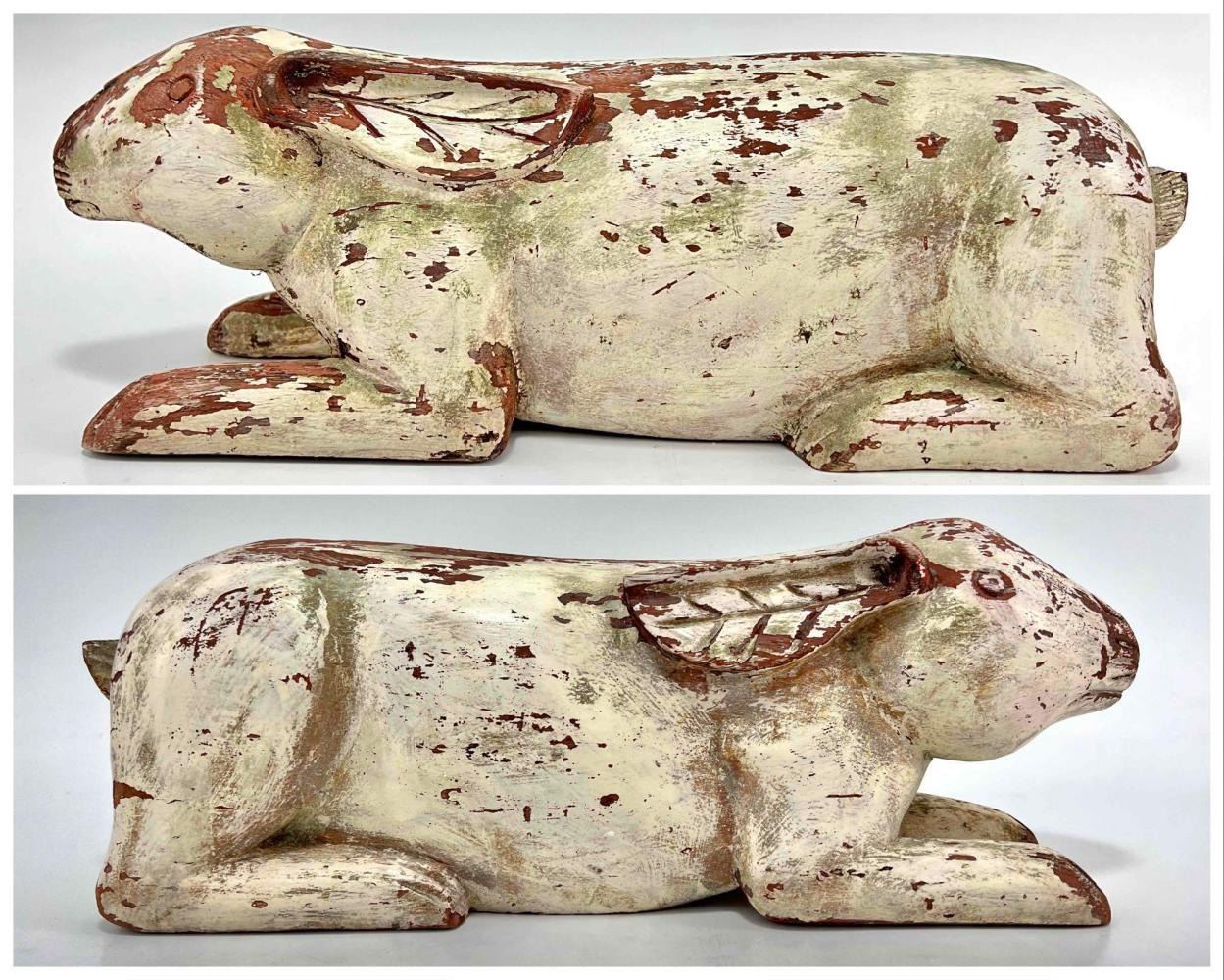 Pair of Large Painted Wood Folk Art Rabbit Sculptures