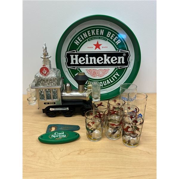Vintage Barware Lot - Heineken Beer Tray / Train Decanter / Glasses Etc.