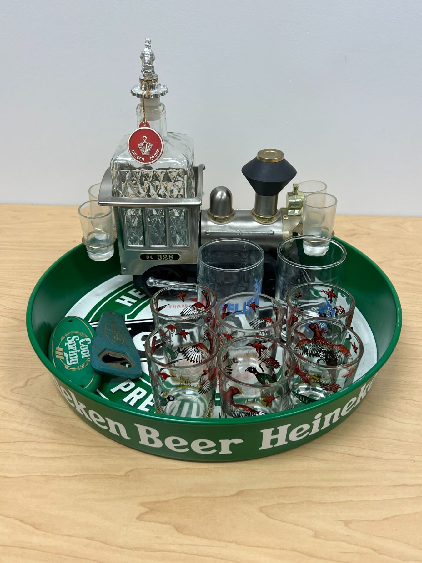 Vintage Barware Lot - Heineken Beer Tray / Train Decanter / Glasses Etc.