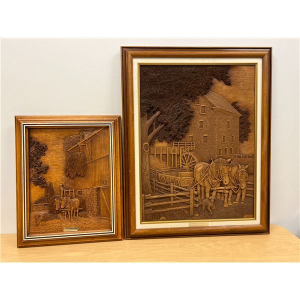 Kim Murray Framed Wood Carvings - Working at the Mill & Bringing in The Hay