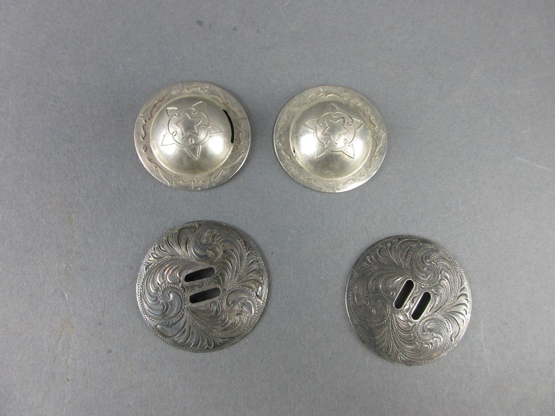 Pair Of Slotted Domed Engraved 2.1" Conchos- Probably Sterling- Pair Of ...