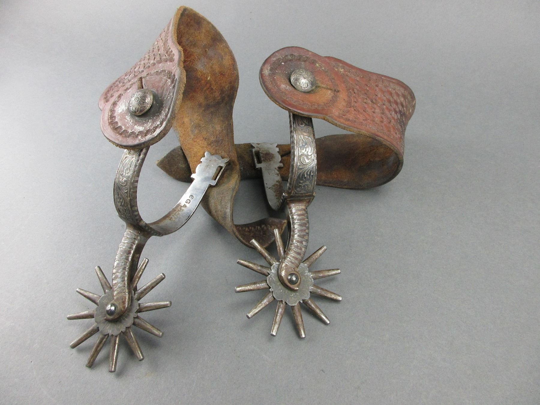 Marked E Garcia Silver Inlaid Spurs- .75" Bands- 2.5" Semi Drop Shanks ...