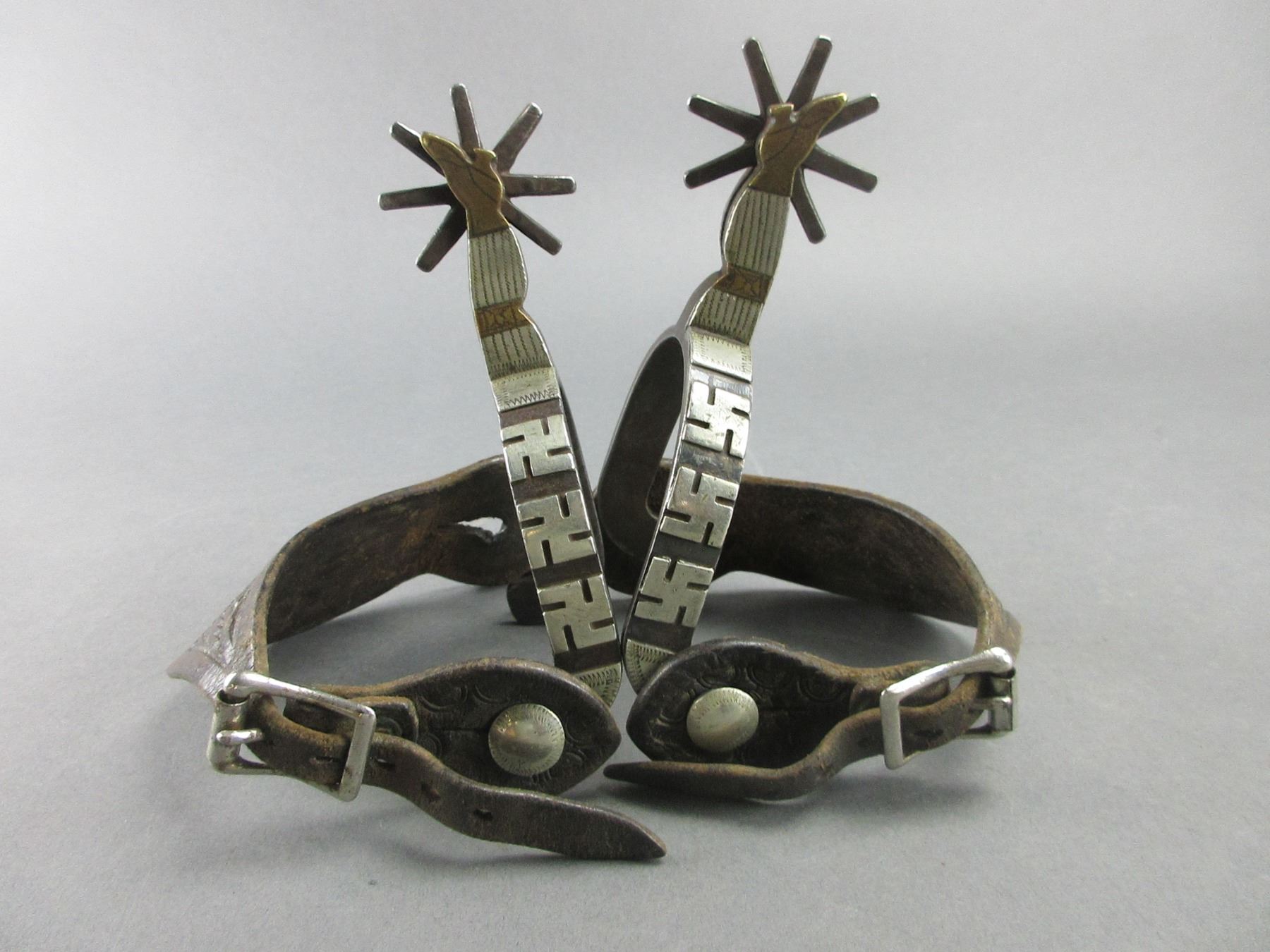 Unmarked Silver And Brass Overlaid Whirling Log Lady Leg Spurs- .6 ...