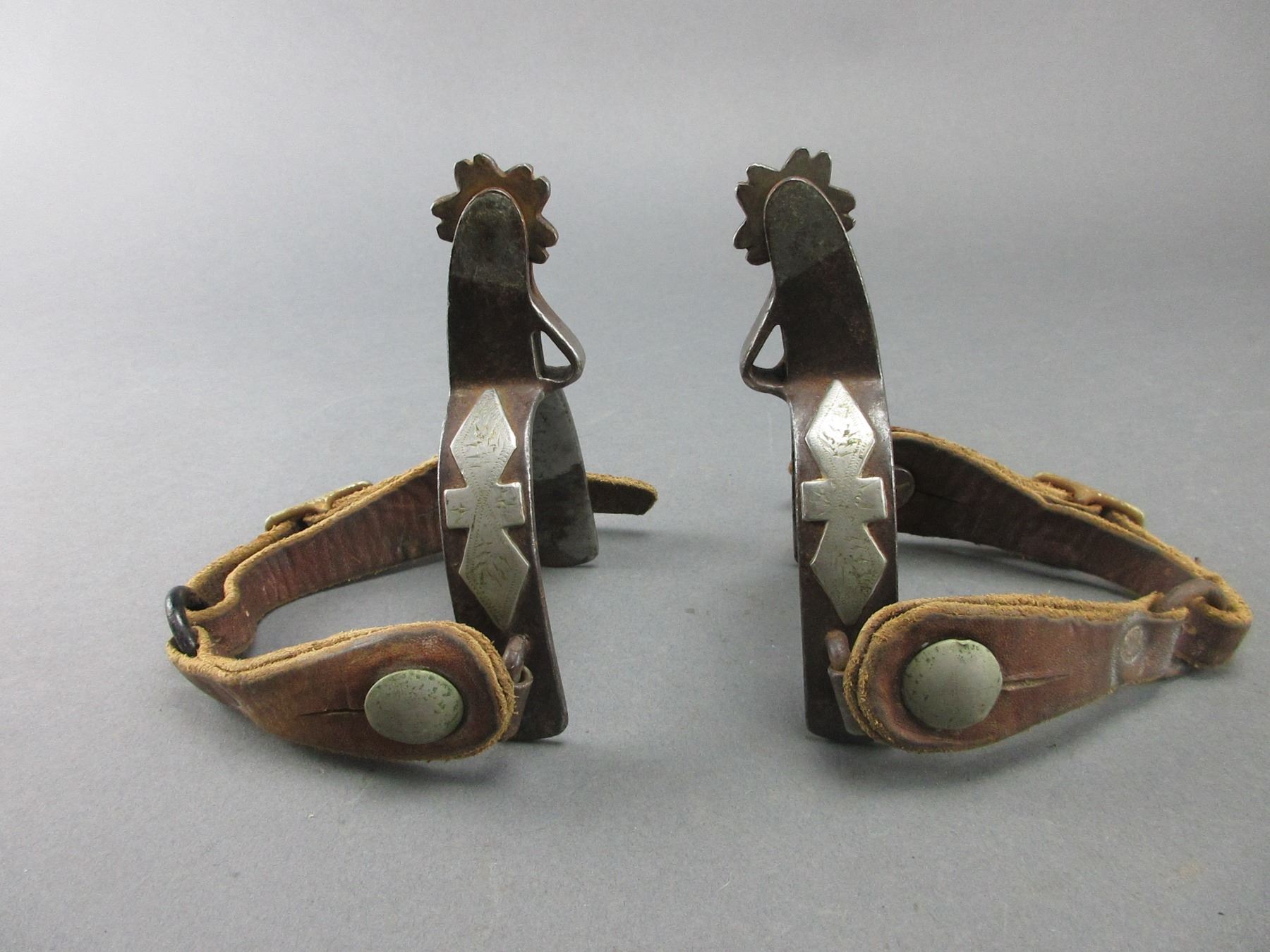 Marked Crockett Silver Overlaid Spurs- .8" Bands- 1.75" Shanks- 5 Point ...