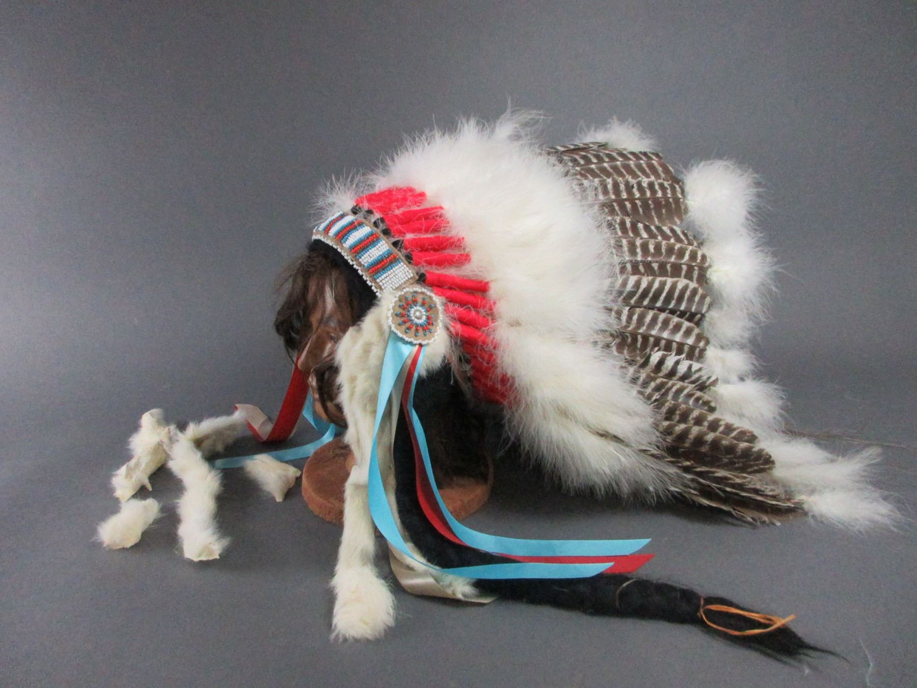 Contemporary Beaded Headdress- Hide Drops- Sells With Manneguin Head