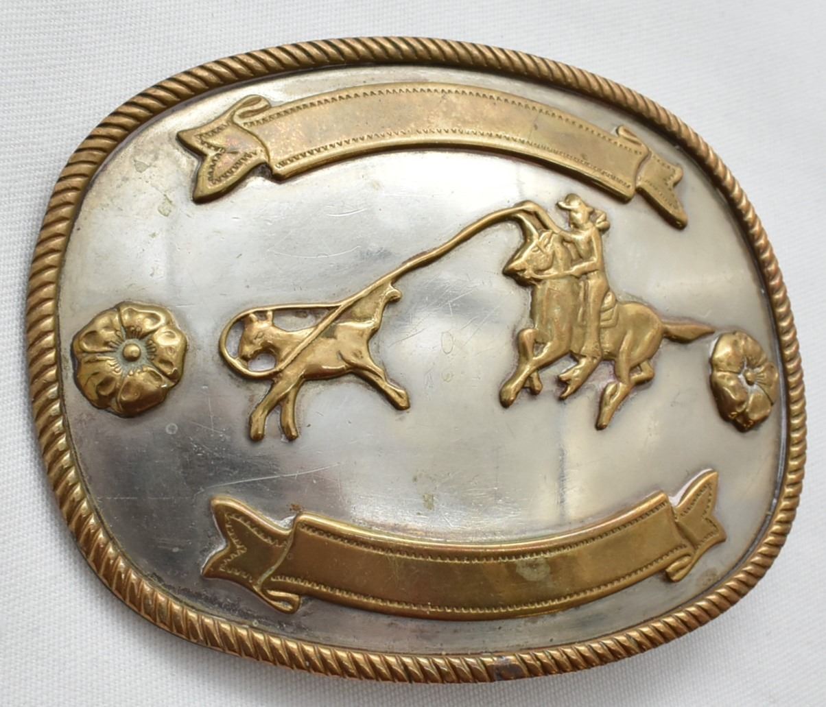 Vintage Nickel Silver Cowboy Roping Belt Buckle