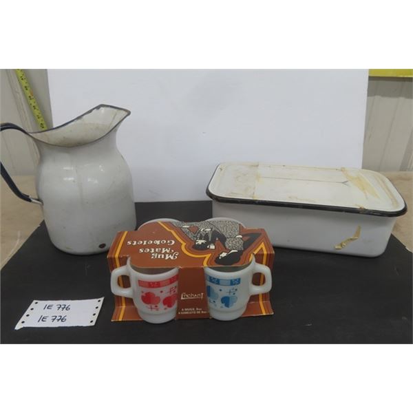 4 Fire King Mugs With Original Packaging Enamel Pitcher Enamel Bin