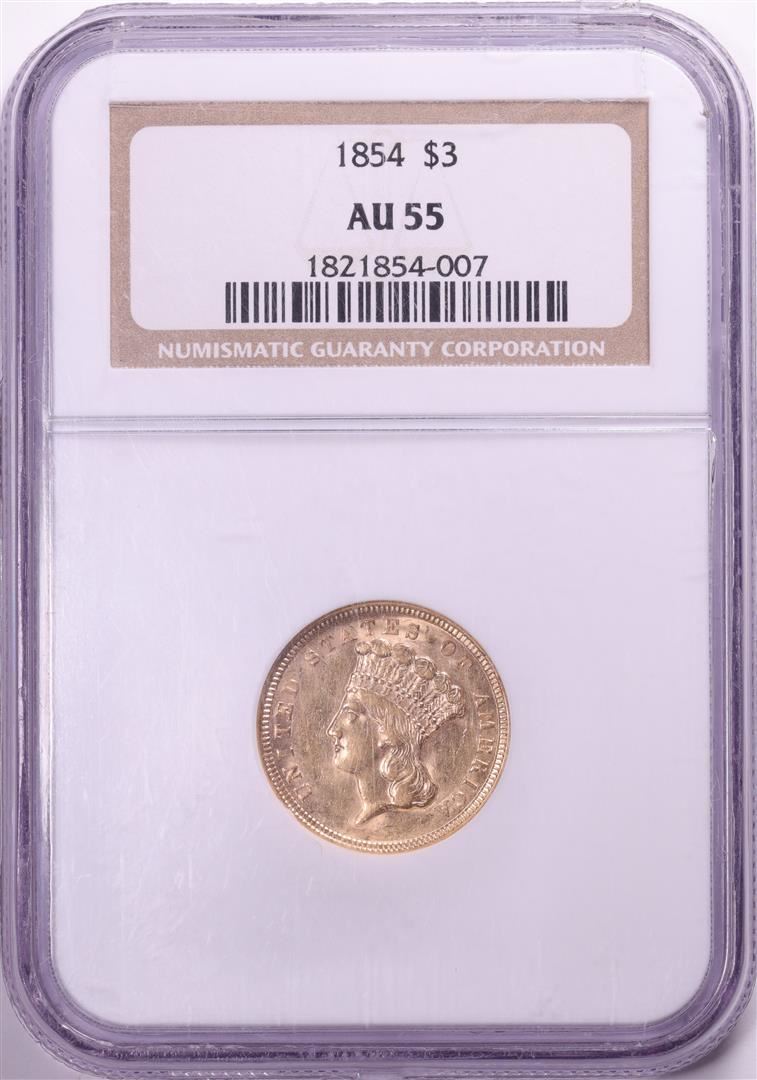 1854 $3 Indian Princess Head Gold Coin NGC AU55