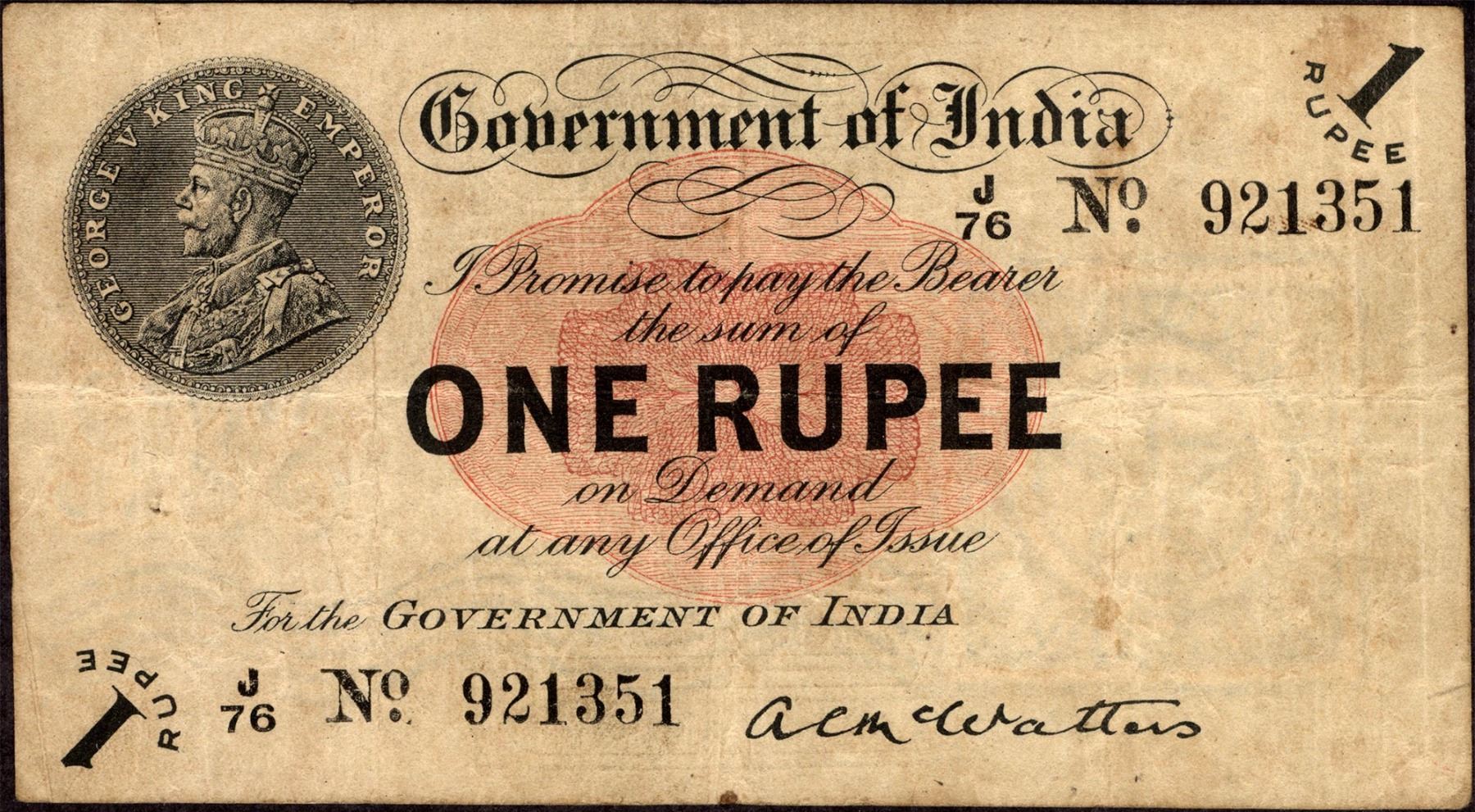 One Rupee Banknote of King George V Signed by A C McWatters of ...