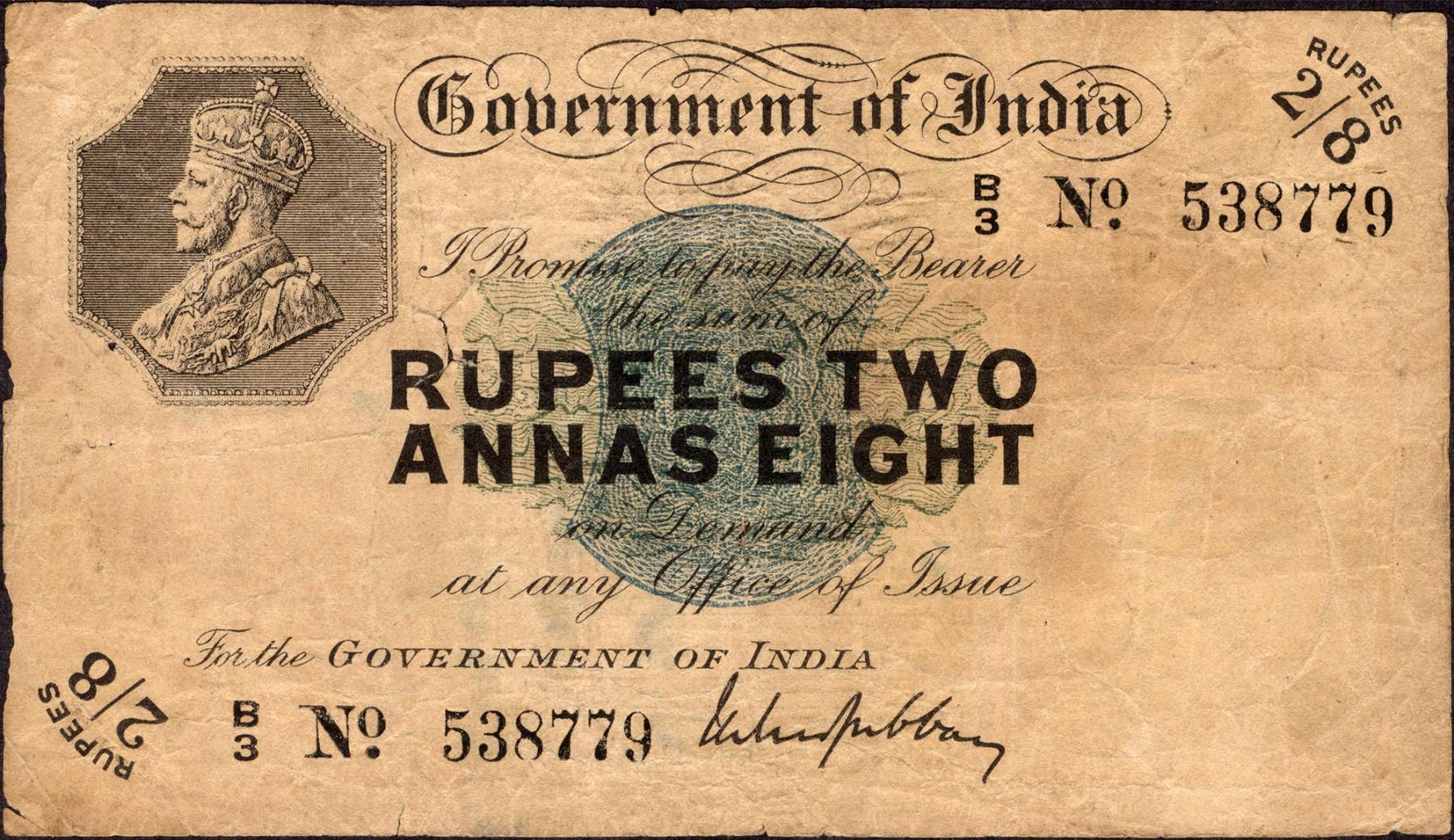 Two Rupees and Eight Annas Banknote of King George V Signed by M.M.S ...