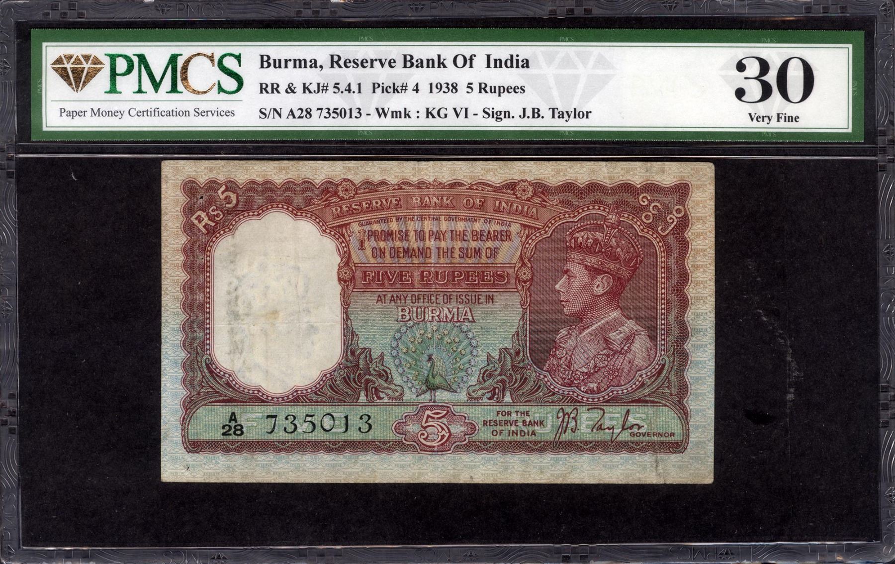 PMCS Graded 30 Very Fine Five Rupees Banknote of King George VI Signed ...