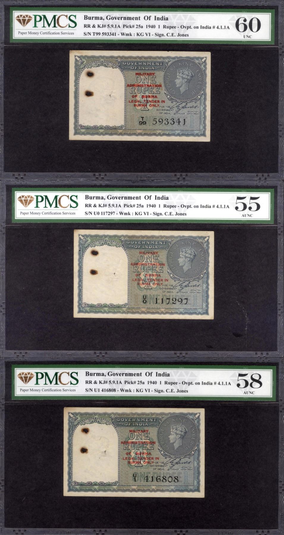 Extremely Rare 3 PMCS Graded 60, 55 & 58 One Rupee Banknotes of King ...