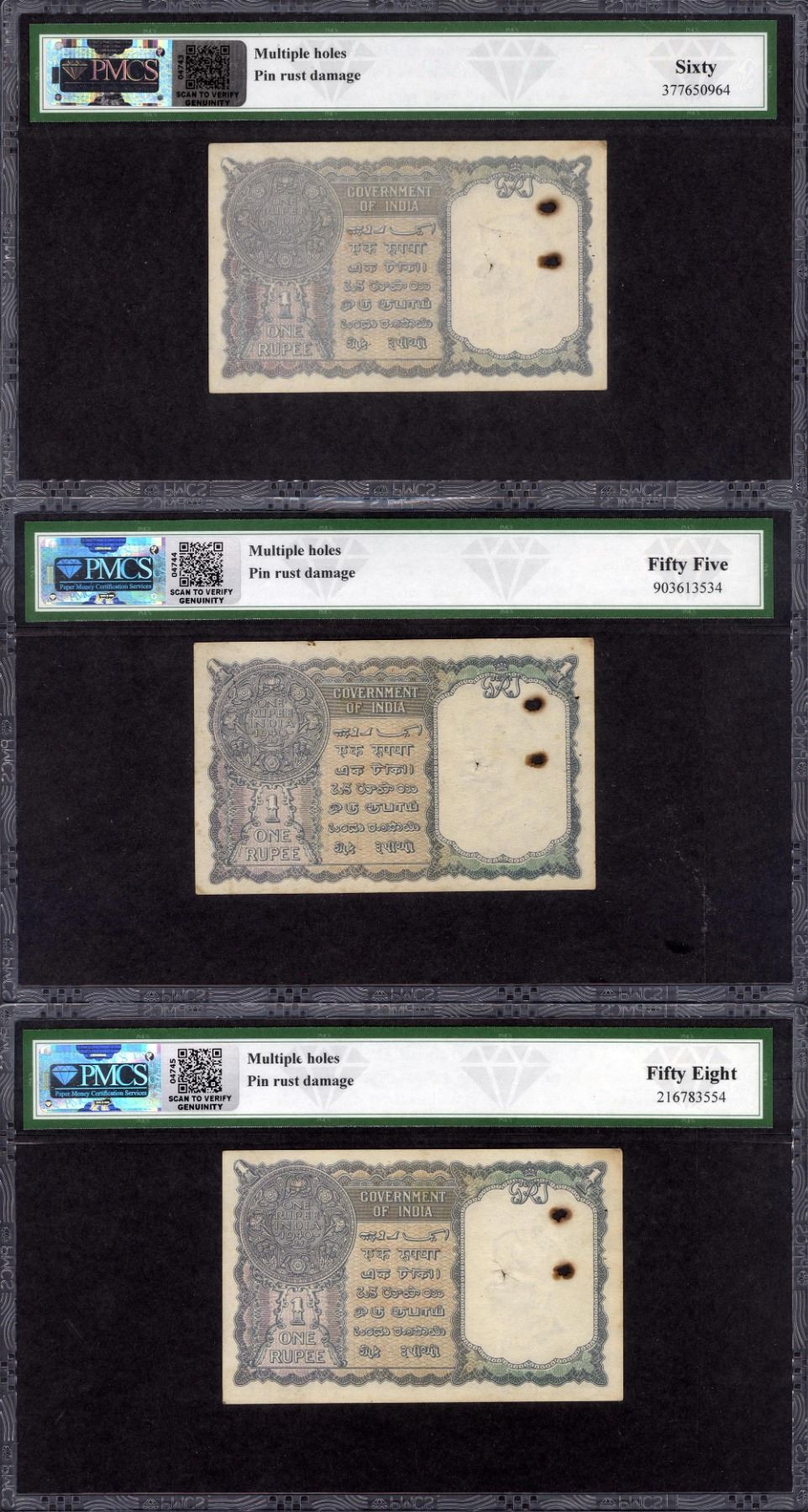 Extremely Rare 3 PMCS Graded 60, 55 & 58 One Rupee Banknotes of King ...