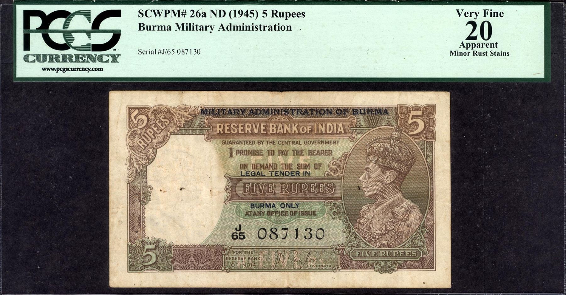 PCGS Graded 20 Very Fine Five Rupees Banknote of King George VI Signed ...