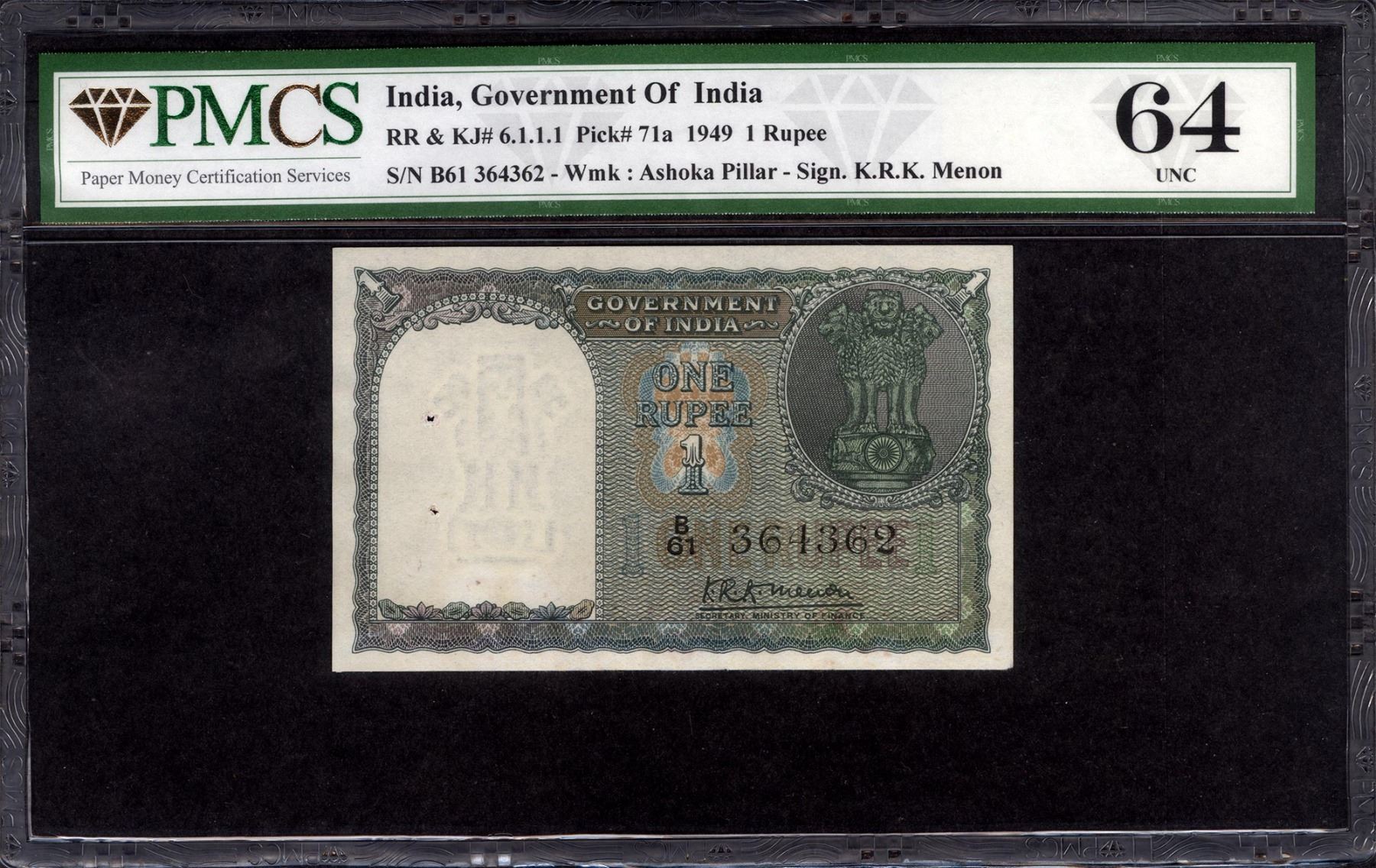 PMCS Graded 64 UNC One Rupee Banknote Signed by K R K Menon of Republic ...