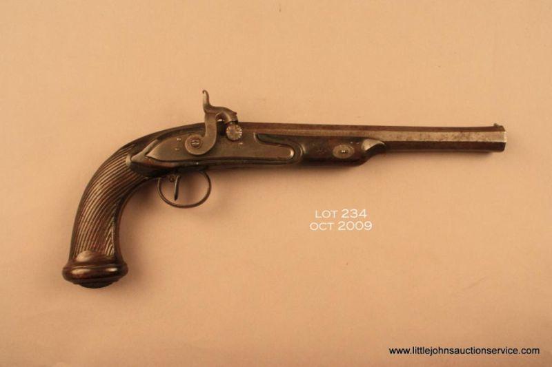 Unmarked French target/dueler percussion pistol, .60 cal., 9” octagon ...