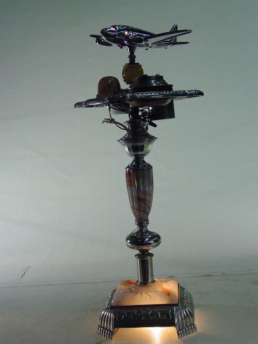 Vintage Art Deco Smoke Stand with Light, Marbleized Glass, Ashtray ...
