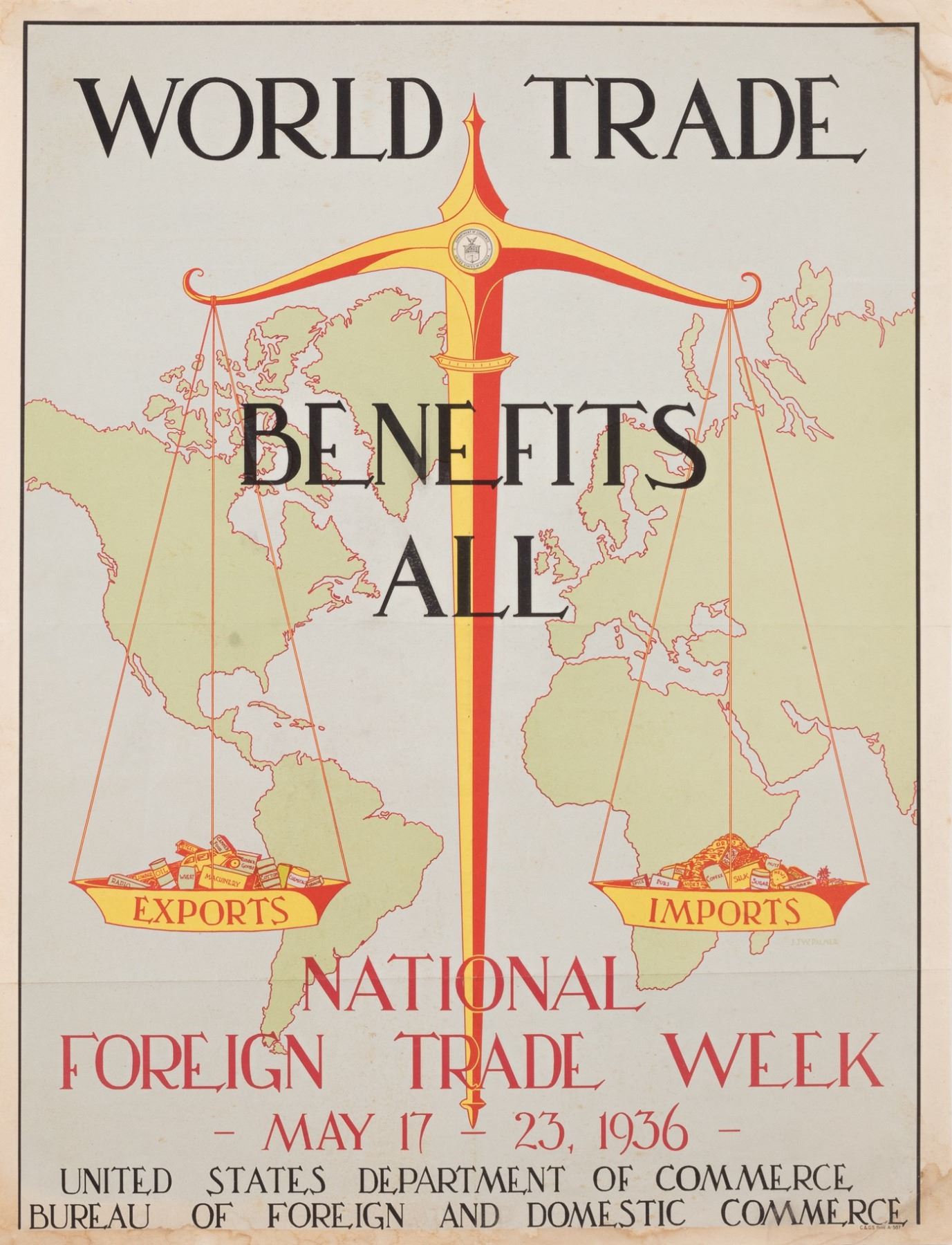 WORLD TRADE BENEFITS ALL 1936 COMMERCE POSTER